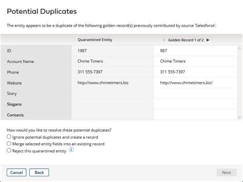 Potential Duplicate Screen Of The Resolve Matching Issues Wizard