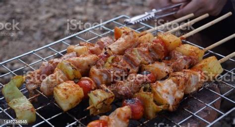 맛 있는 바베 큐 케밥 야외 부엌 오픈 그릴에 굽고 도시에서 음식 축제입니다 맛 있는 음식 꼬치 구이푸드코트 여름 피크닉 7월에