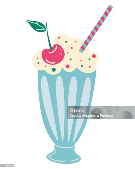 휘핑 크림과 체리밀크쉐이크 스무디 칵테일 휘핑 크림과 체리를 얹은 구식 밀크셰이크 칵테일의 벡터 일러스트 여름 음료 만화 벡터 일러스트레이션 밀크 셰이크에 대한 스톡 벡터