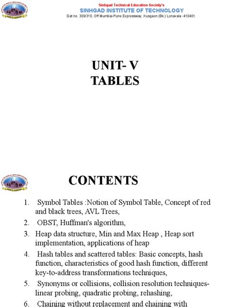 Unit V Tables Sinhgad Institute Of Technology Pdf Algorithms And Data Structures Computer