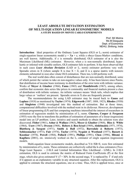 Pdf Least Absolute Deviation Estimation Of Multi Equation Linear