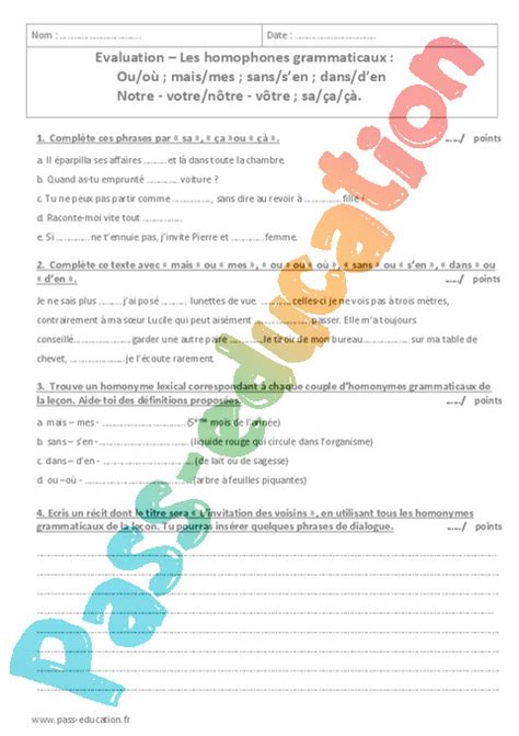 Evaluation Homonymes Homophones 5ème Bilan Et Controle Corrigé