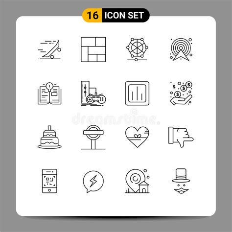 Mobile Interface Outline Set Of 16 Pictograms Of Bulb Map Machine Direction Arrow Stock