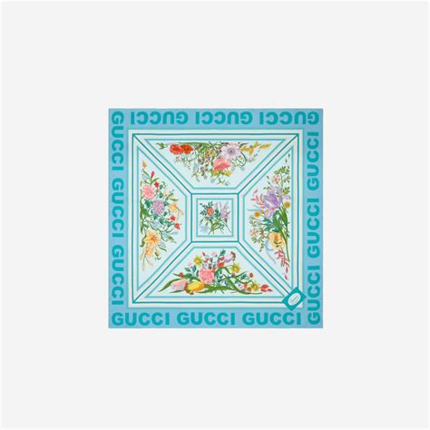 W 구찌 플로럴 프린트 실크 스카프 블루 Gucci Kream
