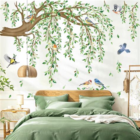 Wondever Large Tree Wall Stickers Green Leaves Birds Peel