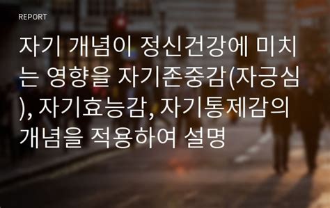 자기 개념이 정신건강에 미치는 영향을 자기존중감자긍심 자기효능감 자기통제감의 개념을 적용하여 설명 레포트