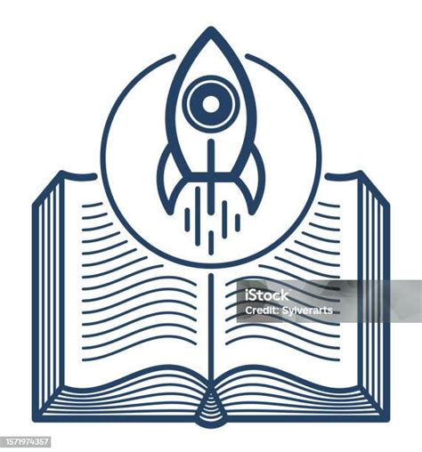 로켓 벡터 선형 아이콘을 발사 텍스트에서 미사일 시작 우주 과학 문학 도서관 읽기 라인 아트 기호 또는 로고와 오픈 책 한