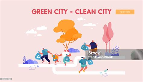 건강 한 라이프 스타일 및 생태 보호 방문 페이지 템플릿입니다 퍼깅 중에 쓰레기를 줍는 활동적인 사람들 남성 여성 및 어린이 캐릭터 실행 및 깨끗한 환경 만화 벡터