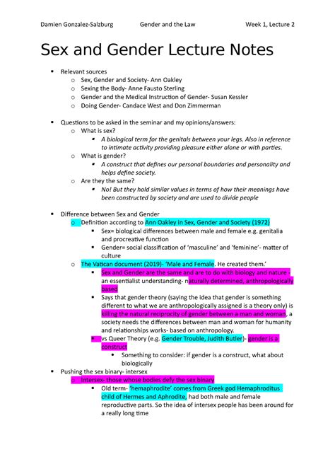 Sex And Gender Lecture Notes Also In Reference To Intimate Activity