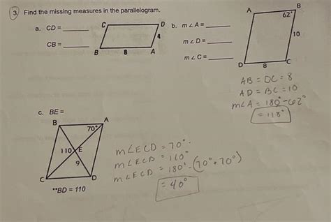 Solved 3 Find The Missing Measures In The Parallelogram A