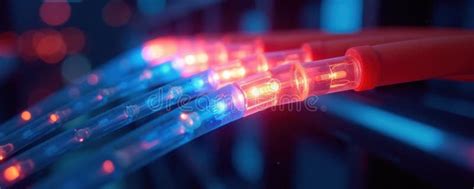 Close Up Of Fiber Optic Cables Glowing Brightly Data Transmission Fiber