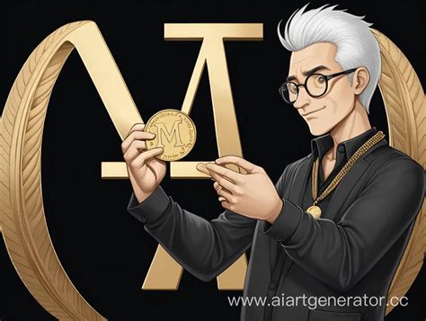 Elegant Senior With Graywhite Hair And Glasses Presents Gold Coin With M Emblem Ai Art Generator