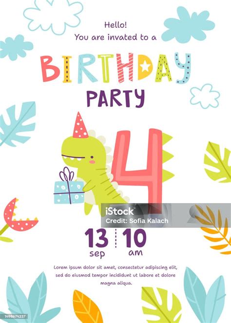 귀여운 공룡과 함께 아이들의 생일 초대장 공룡과 식물이 있는 어린이 생일 파티 카드 남자 아기에 대한 스톡 벡터 아트 및 기타 이미지 남자 아기 아기 초대장 Istock
