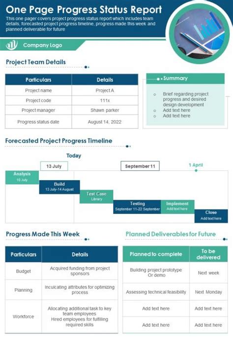 One Page Progress Status Report Presentation Infographic Ppt Pdf Document Presentation