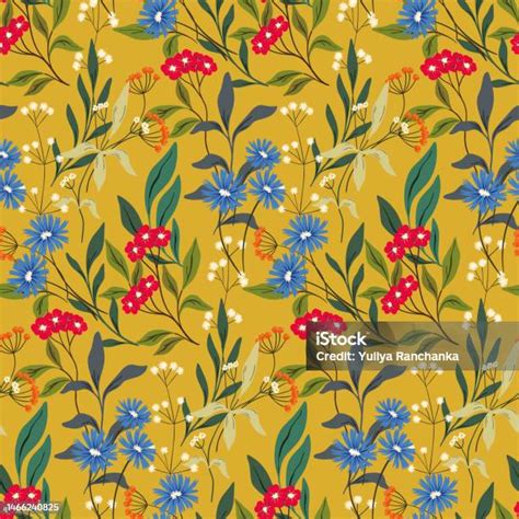 매끄러운 꽃 무늬 야생화와 빈티지 프린트 노란색 배경에 허브 벡터 0명에 대한 스톡 벡터 아트 및 기타 이미지 0명 개화기