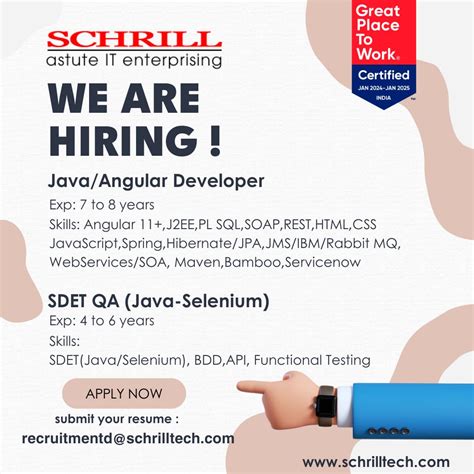 Angular J2ee Pl Sql Soap Rest Html Css Javascript Spring Schrill Technologies Inc