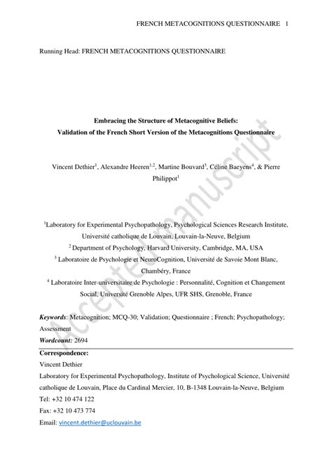 Pdf Embracing The Structure Of Metacognitive Beliefs Validation Of The French Short Version