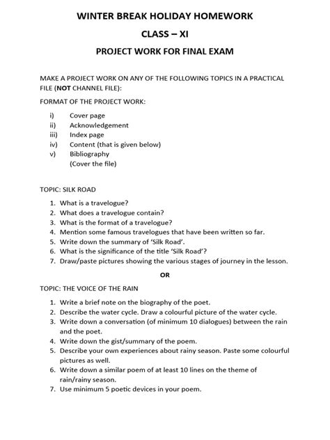 Winter Break Holiday Homework Eng Xi Pdf