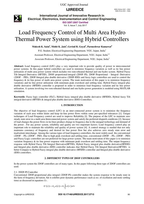 Pdf Load Frequency Control Of Multi Area Hydro Thermal Power System Using Hybrid Controllers