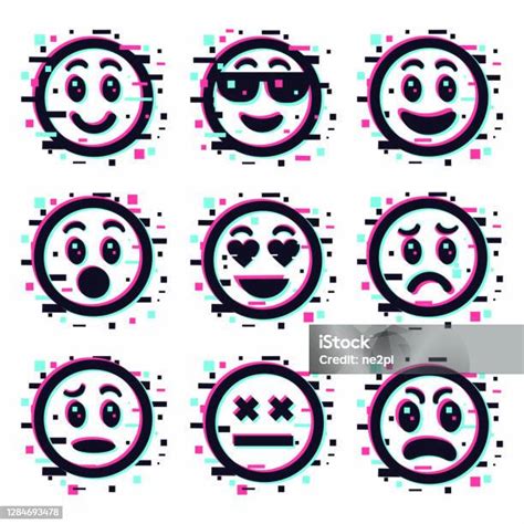 이모티콘 글리치 세트 미소 얼굴 아이콘 컬렉션 웹 디자인 요소입니다 미래 지향적 인 스타일 사이버 펑크 기호 Brand Name Online Messaging