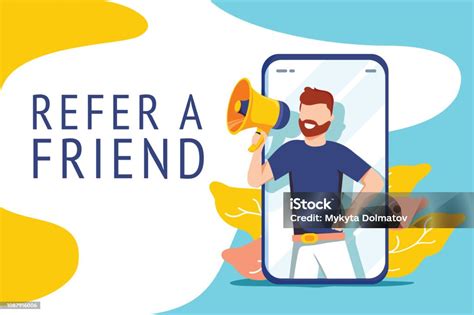 참조 친구 벡터 일러스트 레이 션 개념 사람들에 확성기 소리 친구 단어를 참조 방문 페이지를 사용할 수 있습니다 우정에 대한 스톡 벡터 아트 및 기타 이미지 Istock