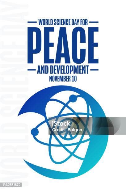 평화와 발전을 위한 세계 과학의 날 11월 10일 휴일 개념 배경 배너 카드 텍스트 비문이있는 포스터용 템플릿 벡터 Eps10 그림입니다 원자에 대한 스톡 벡터 아트 및