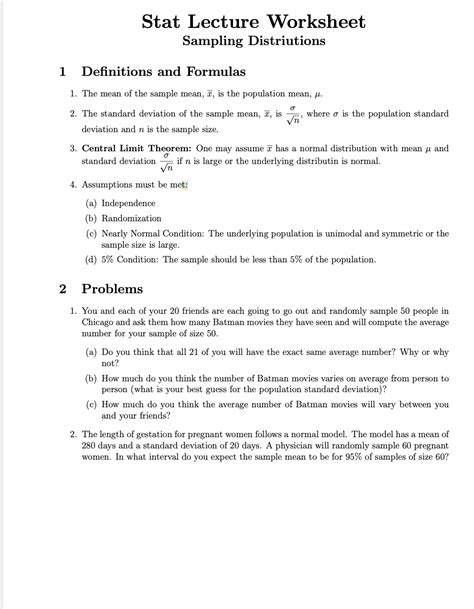 Solved Stat Lecture Worksheet Sampling Distriutions 1