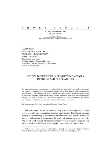 Pdf Gender Differences In Prospective Memory In Young And Older Adults