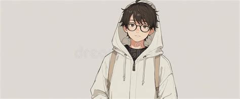 Anime Boy Wearing Glasses And Hood Jacket Looking Like A Nerd Stock