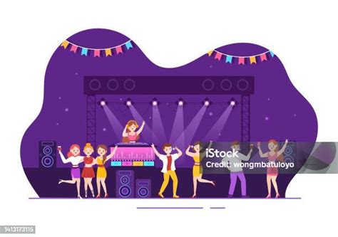 나이트 클럽 만화 일러스트 레이 션 젊은 사람들이 술을 마시고 청소년 댄스와 같은 나이트 라이프가 주목받는 Dj 음악과 함께 초대장에 대한 스톡 벡터 아트 및 기타 이미지