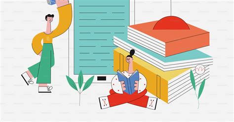 어린 학생들이 하얀 배경에 고립된 큰 학용품으로 둘러싸인 책을 읽고 있는 교육 벡터 삽화 평평한 스타일로 남성과 여성 캐릭터를 연구합니다 벡터 Unsplash의