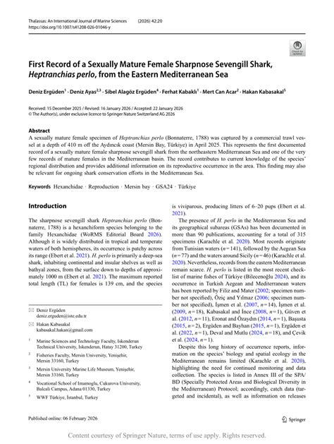 First Record Of A Sexually Mature Female Sharpnose Sevengill Shark Heptranchias Perlo From The