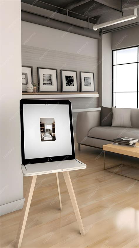 현대적인 거실 3d 렌더링에서 나무 바닥에 서 있는 빈 화면의 노트북 Ai 생성 이미지