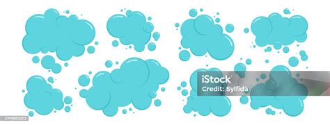 만화 푸른 구름 하늘 또는 거품 거품 물 아이콘 비누 공 세트 목욕 샴푸 비눗물 스플래쉬 세탁 세탁 깨끗한 수중 수집 소다 탄산 재미 벡터 일러스트 레이 션 구에 대한 스톡