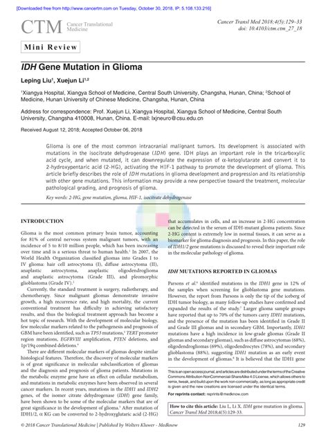Pdf Idh Gene Mutation In Glioma
