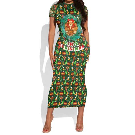 Kenya Christmas Short Sleeve Bodycon Dress Santa Feast Scene And
