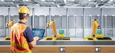 Engineer Or Technician Control Robot Assembly Line In Factory With