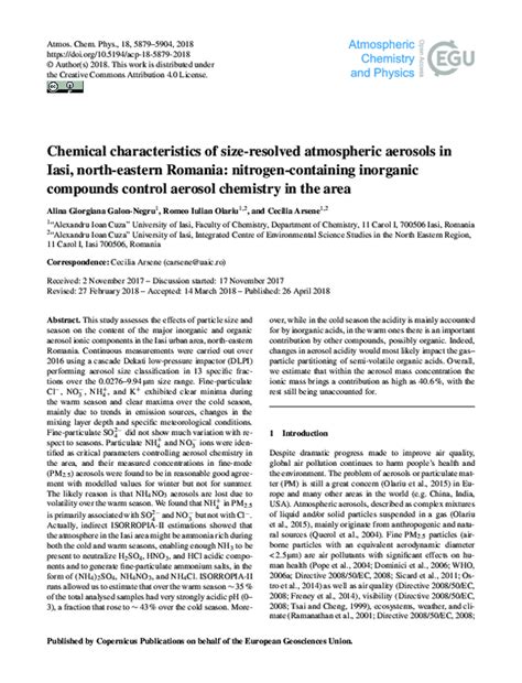 Pdf Chemical Characteristics Of Size Resolved Atmospheric Aerosols In Iasi North Eastern