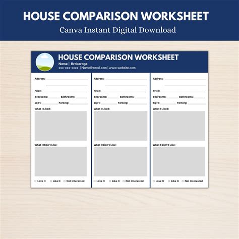 Real Estate House Comparison Worksheet Etsy