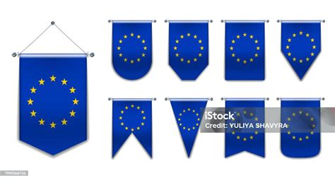 섬유 질감이 있는 유럽 연합의 깃발이 걸려 있는 세트 Ec의 국기의 다양성 모양 배경 배너 웹 로고 상 업적 축제를위한 수직 템플릿 페넌트 3차원 형태에 대한 스톡 벡터