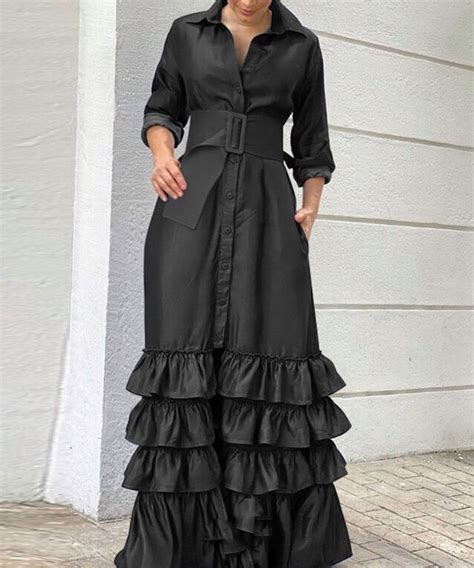 Shirt Dress Layered Ruffle Maxi Dress Chic Long Sleeve Maxi Dress