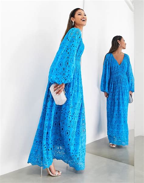 Asos Edition Eyelet Oversized V Neck Smock Maxi Dress In Bright Blue Asos