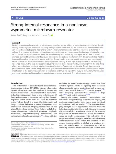Pdf Strong Internal Resonance In A Nonlinear Asymmetric Microbeam