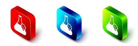 백색 배경에 고립 된 독성 액체 아이콘이있는 등색 실험실 화학 비커 생물학적 위험 기호 방사선 아이콘이 있는 위험한 기호입니다 빨간색 파란색 및 녹색 사각형 버튼 벡터 3