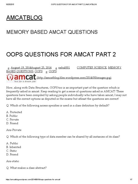 Oops Questions For Amcat Part 2 Amcatblog Pdf Class Computer Programming Method