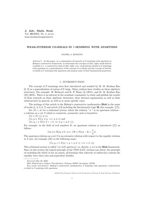 Pdf Weak Interior Co Ideals In Γ Semiring With Apartness