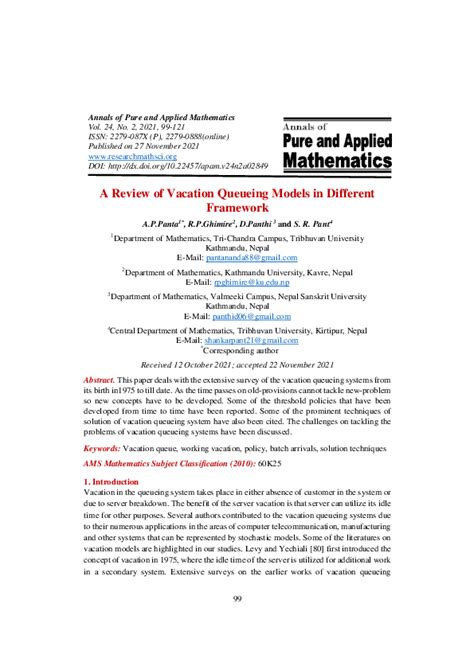Pdf A Review Of Vacation Queueing Models In Different Framework