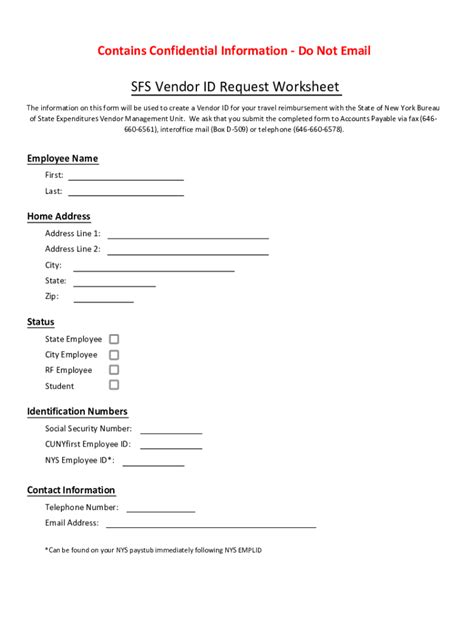 Fillable Online Sfs Vendor Id Request Worksheet 0817xlsx Fax Email Print Pdffiller