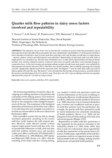 Pdf Quarter Milk Flow Patterns In Dairy Cows Factors Involved And Repeatability