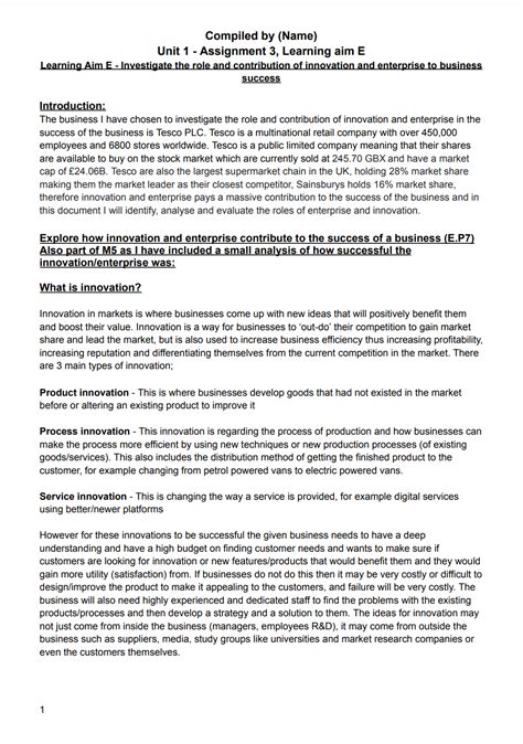 Unit 1 Exploring Business Bundle Assignment 1 2 3 Btec Business Level 3 Notes